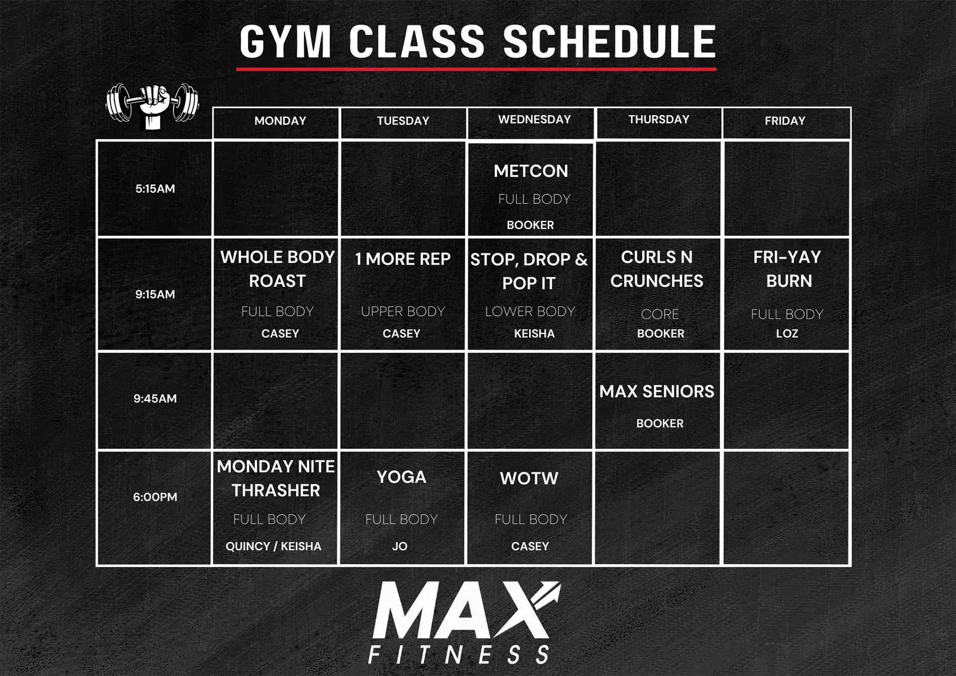 Timetable - MAX Fitness Chinchilla